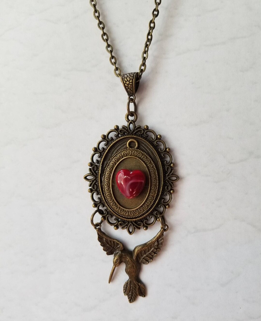 Victorian Hummingbird Necklace Glass Heart Bronze - Etsy