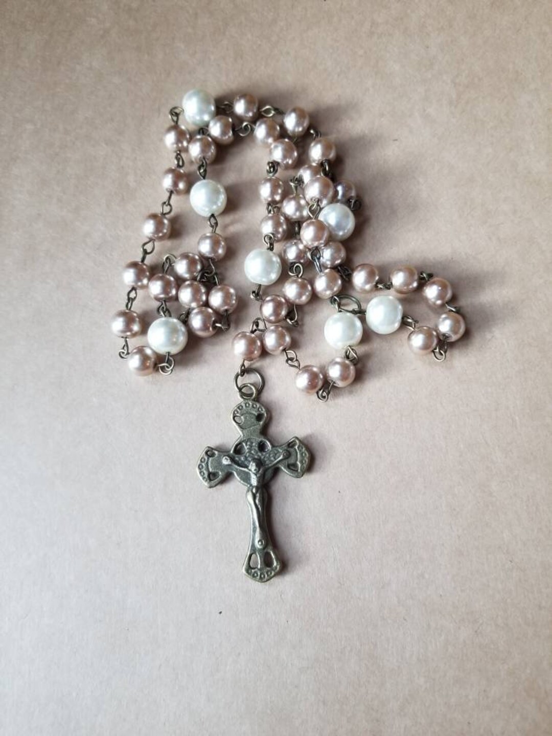 Lutheran Rosary, Prayer Beads, Bronze Toned, Pale Beige and Ivory Glass ...