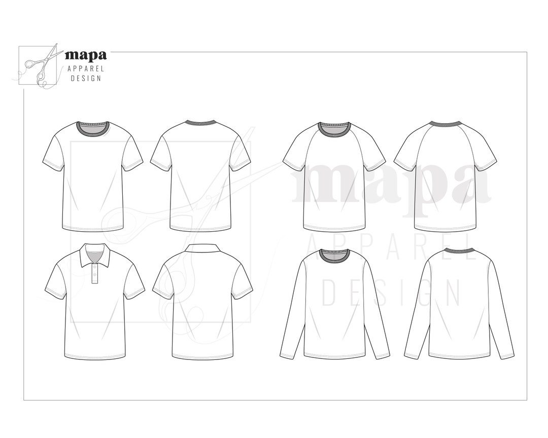 Men's Basic T-shirts Bundle Fashion Flat Sketch Template for Adobe ...
