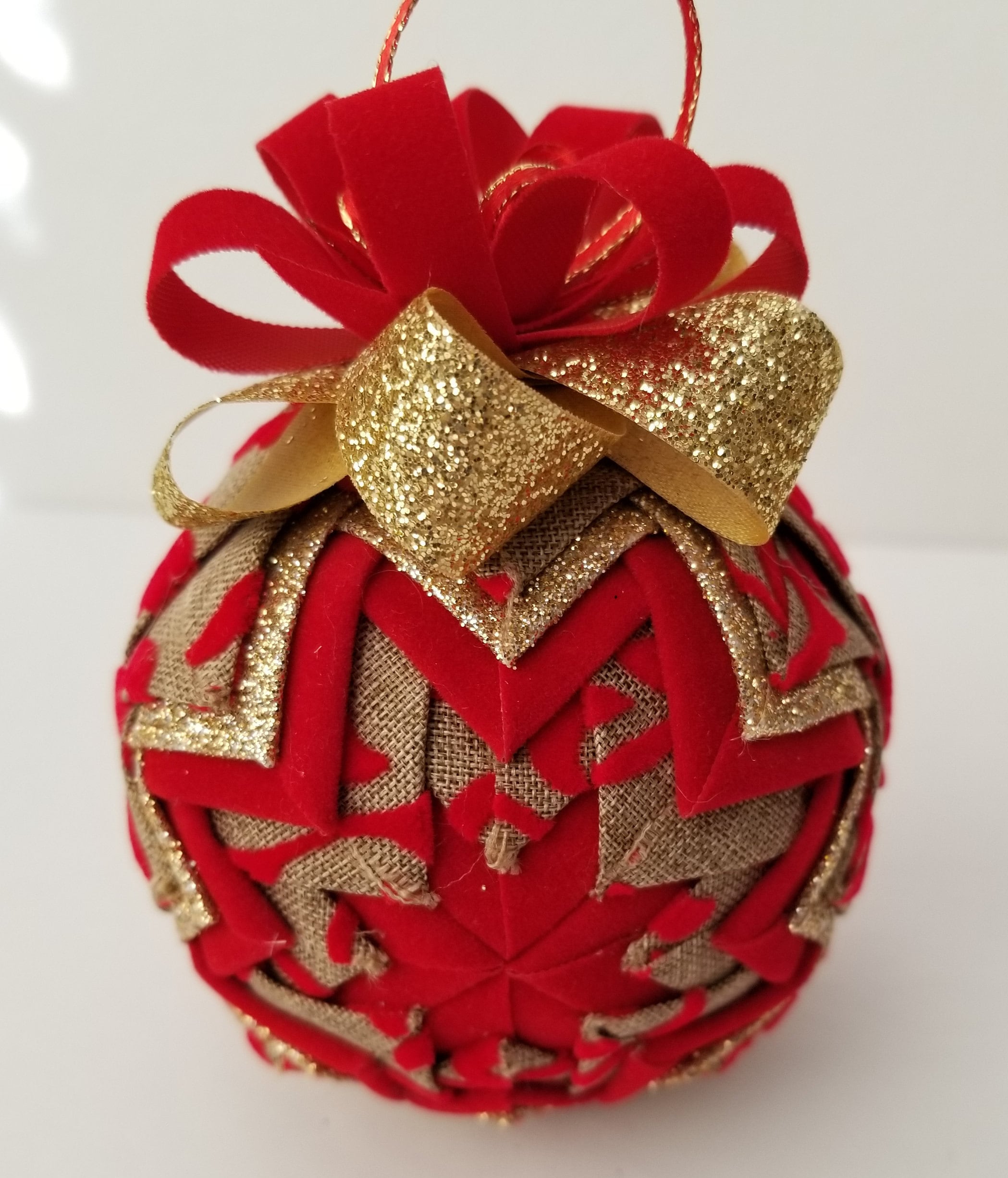 Quilted Christmas Ornament Ball Handmade From Burlap, Red and Gold ...