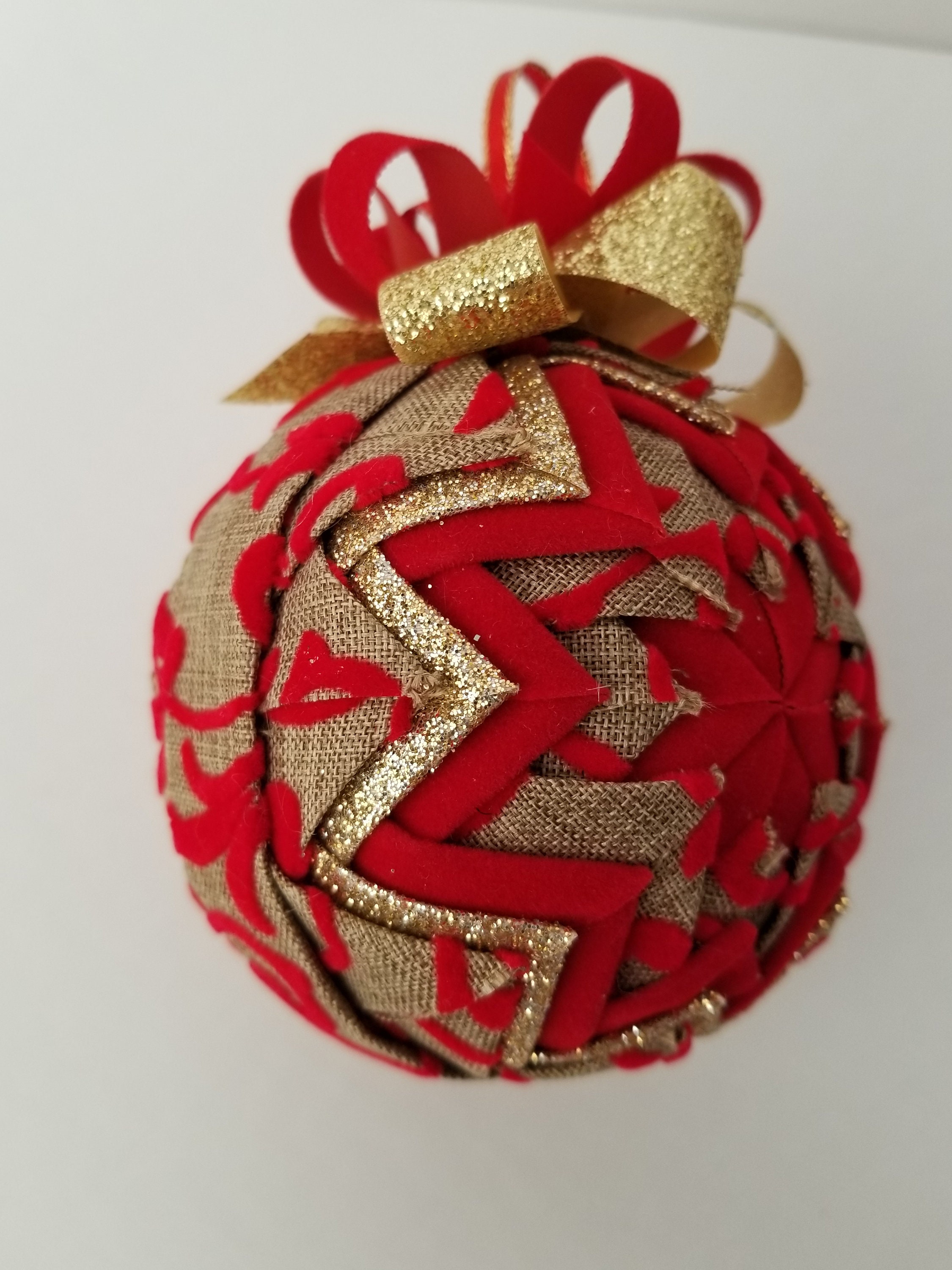 Quilted Christmas Ornament Ball Handmade From Burlap, Red and Gold ...