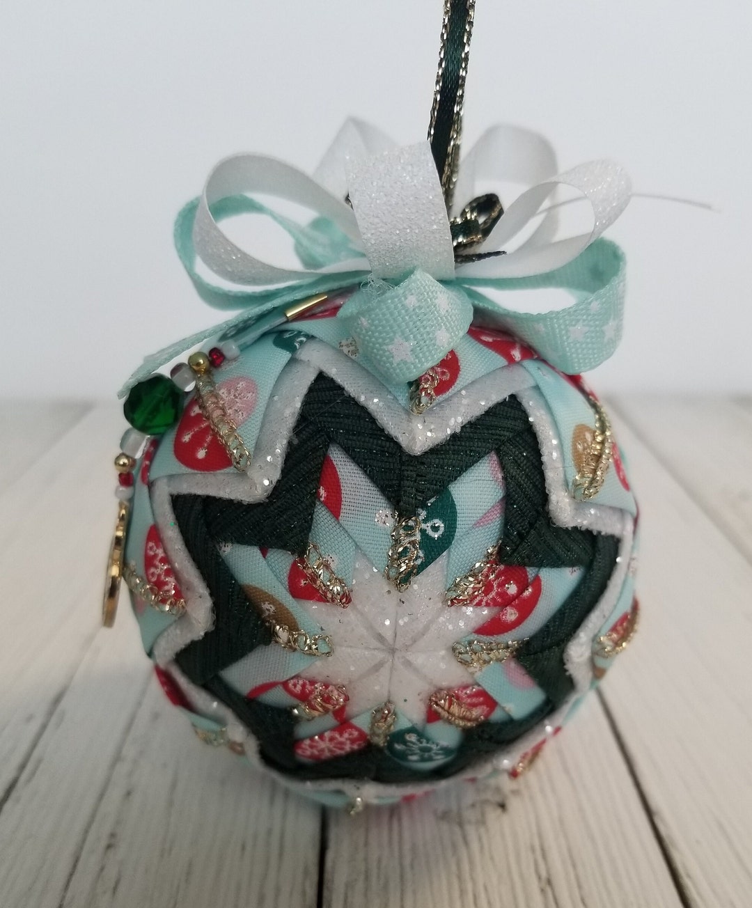 Quilted Christmas Ball Ornament, Handmade From Light Turquoise, Green ...