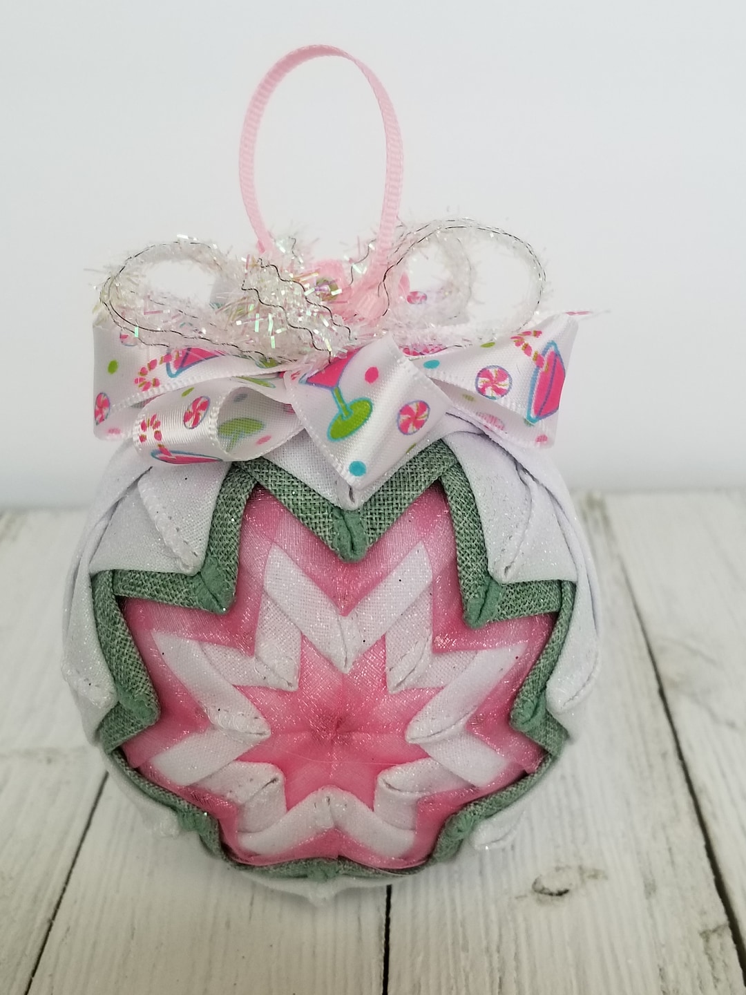 Quilted Christmas Ball Ornament Handmade From White Pink and - Etsy