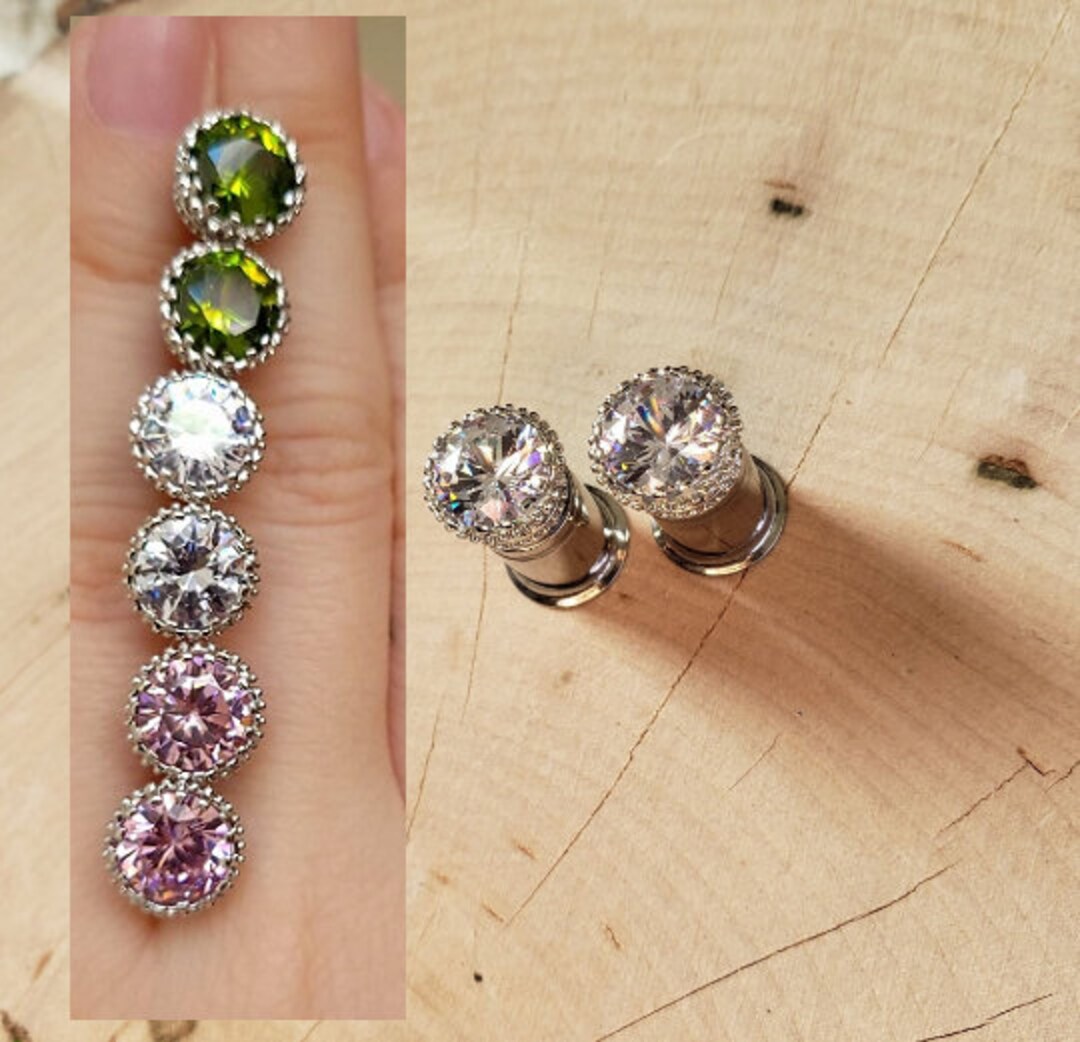 2g Diamond Plugs Tunnels / Gauges / Earrings / Cubic Zirconia / Silver ...
