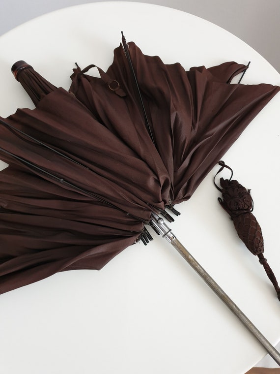 Vintage 1920s silk parasol | 20s brown silk parasol - Gem