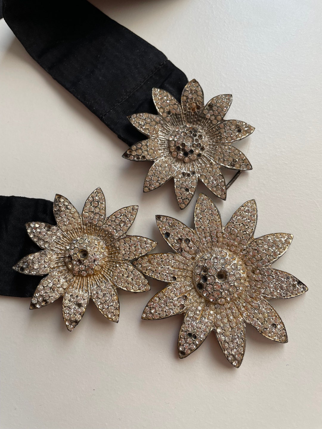 1930s Paste Stone Flowers Belt | Antique Black Ribbon Belt - Etsy