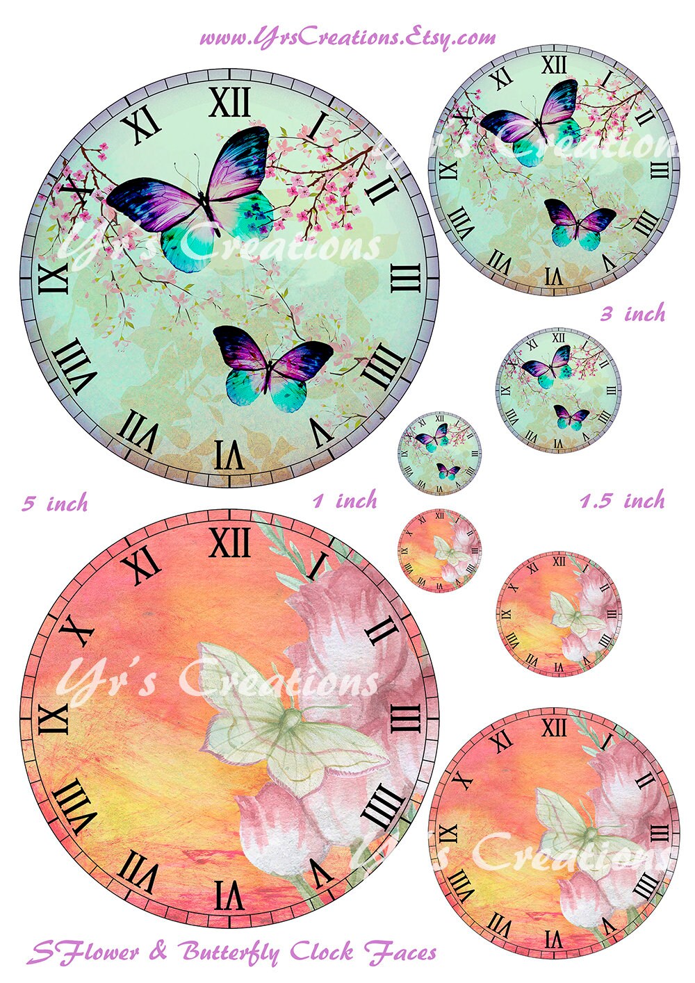 PRINTABLE CLOCK FACES Butterflies & Flowers in Various Sizes. - Etsy