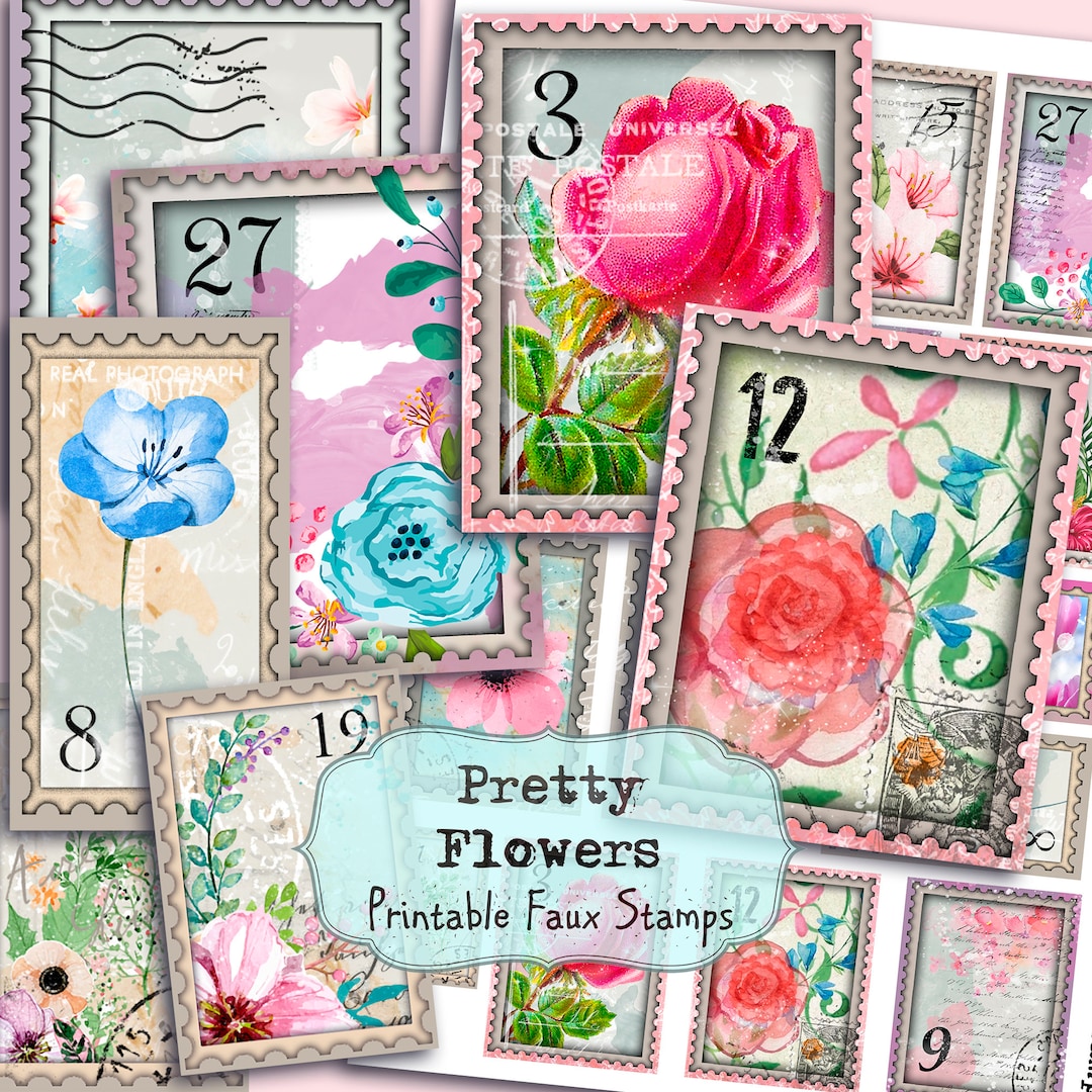 PRINTABLE STAMPS FLOWERS, Pretty Faux Stamps, Digital Paper, Collage ...