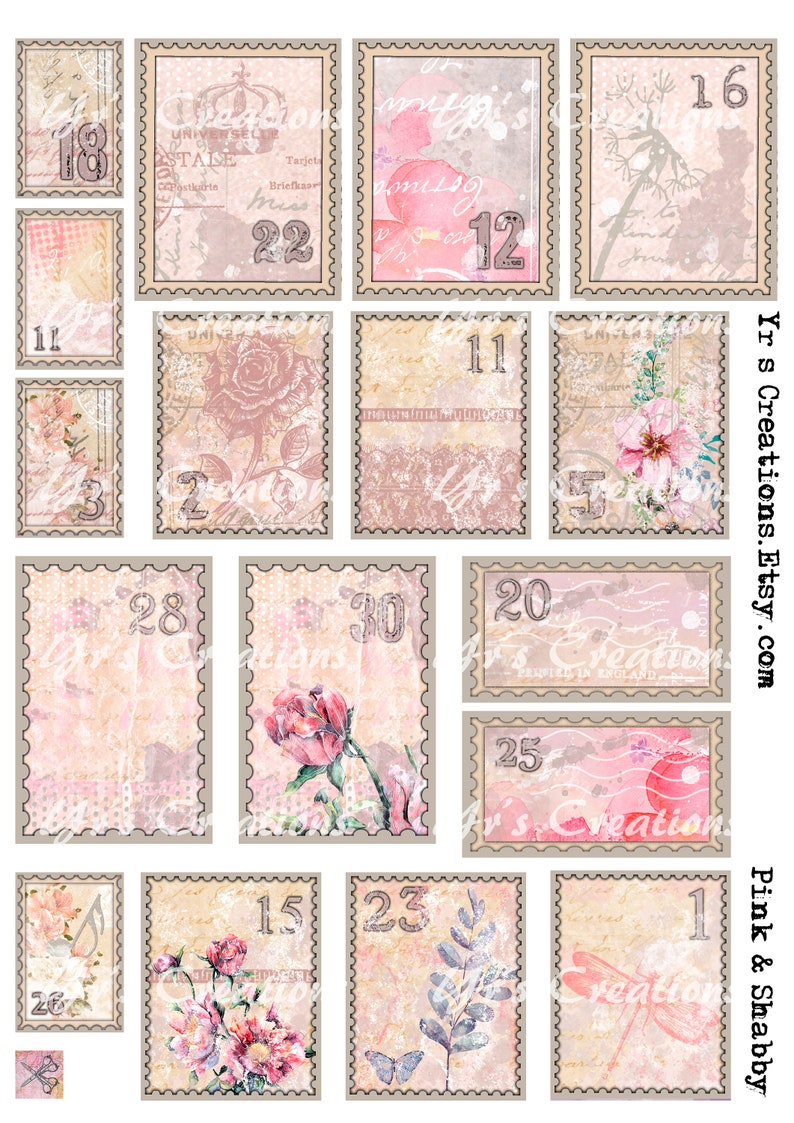 SHABBY Pink FAUX STAMPS Printable Digital Collage Sheet - Etsy