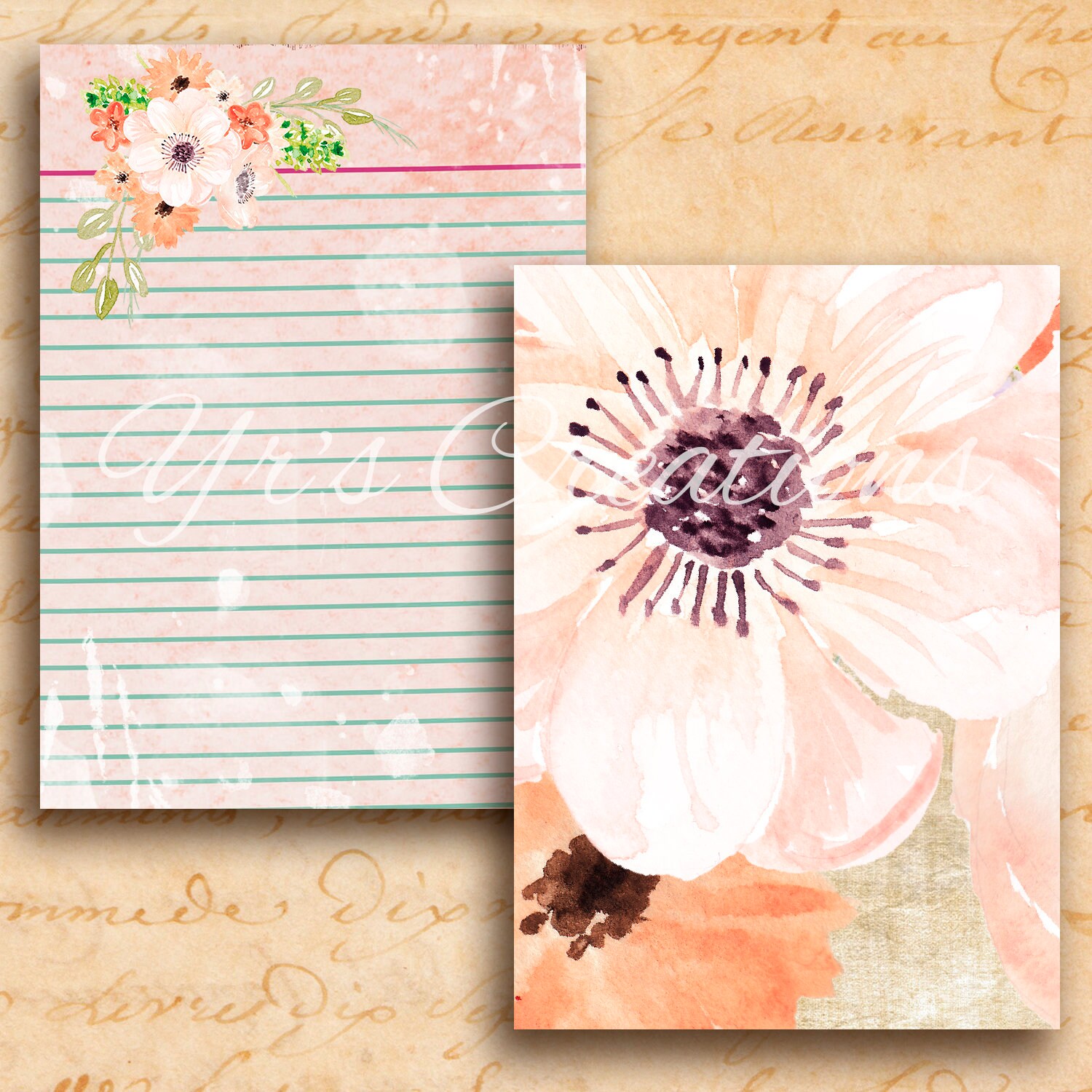 DIGITAL FLORAL PAPER Vintage Paper Pink & Peachy. Printable | Etsy
