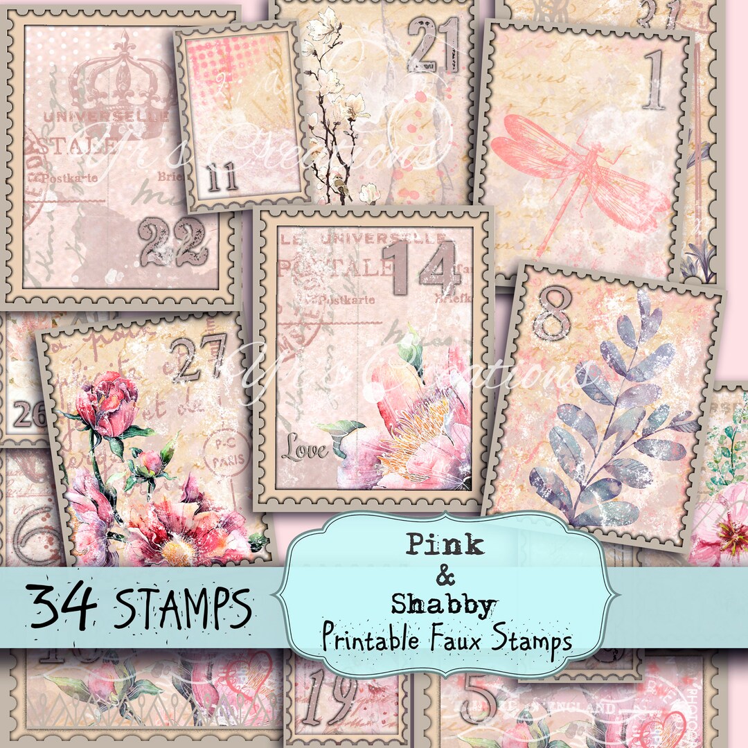 SHABBY Pink FAUX STAMPS Printable, Digital Collage Sheet, Floral Nature ...