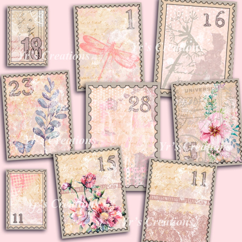 SHABBY Pink FAUX STAMPS Printable Digital Collage Sheet - Etsy