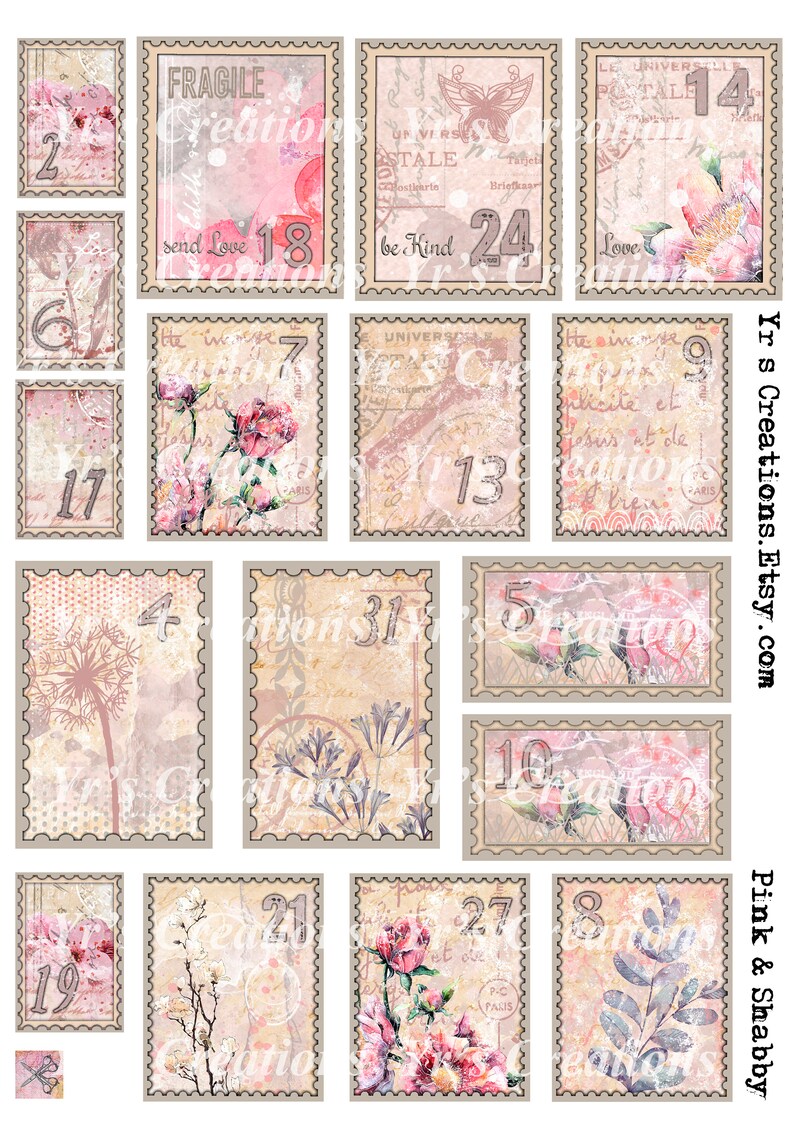 SHABBY Pink FAUX STAMPS Printable Digital Collage Sheet - Etsy