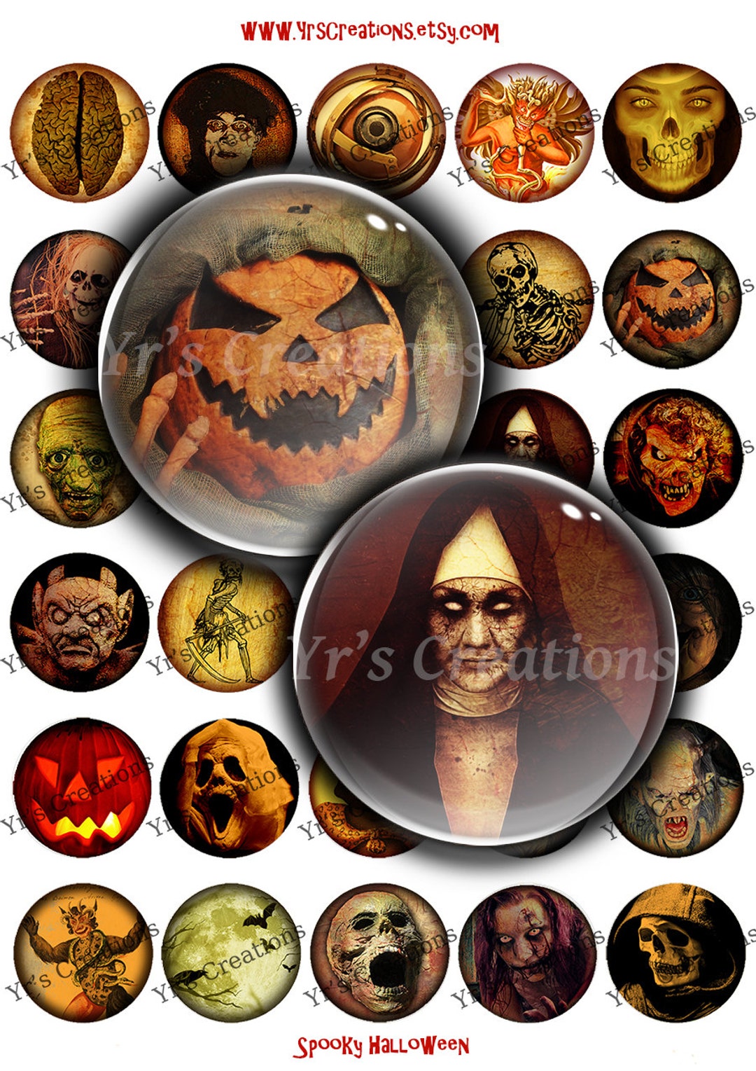 Spooky Halloween Circles 1.5 Inch Skulls and Creepy Monsters Digital ...