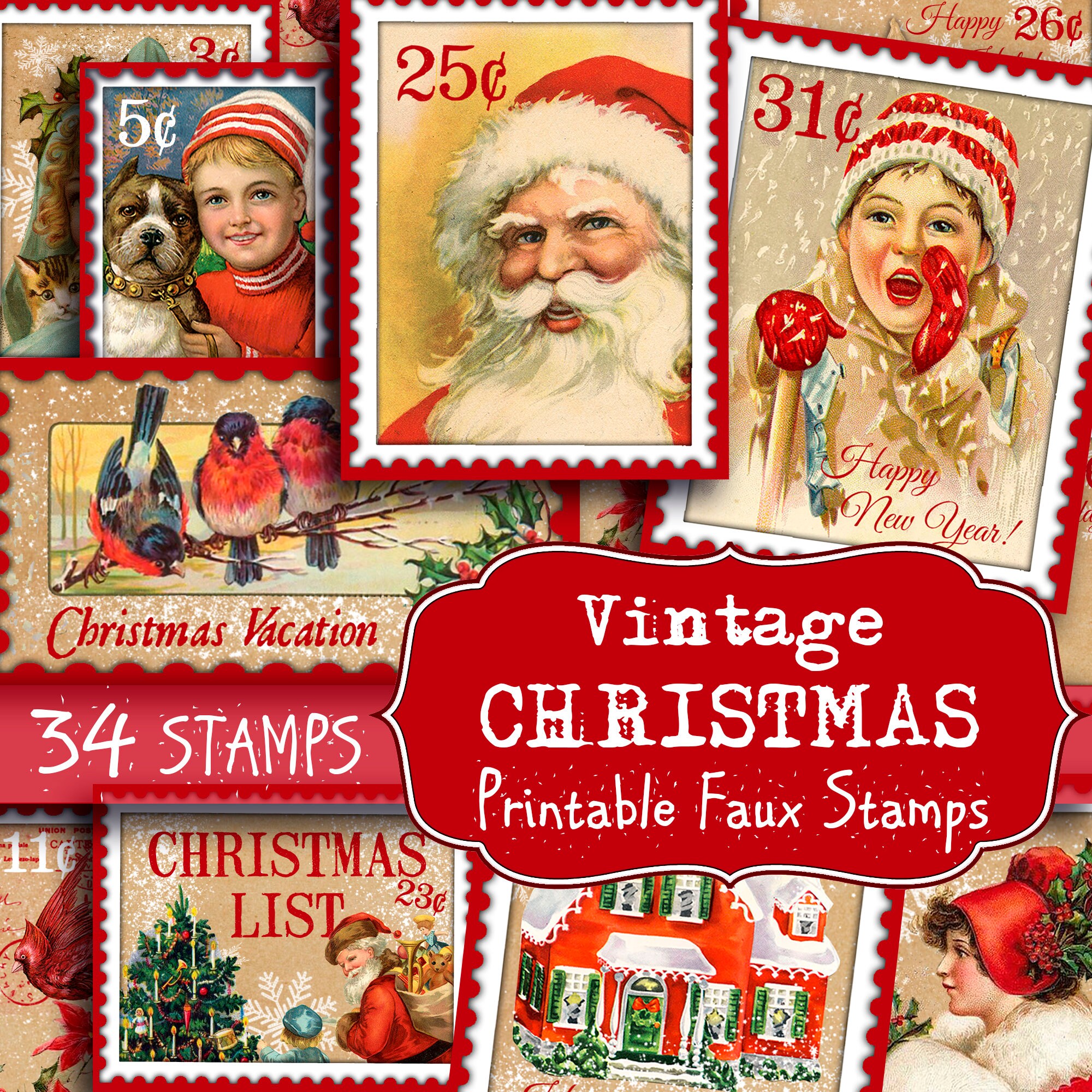 CHRISTMAS EPHEMERA DIGITAL Printable Collage Sheet. 34 Faux | Etsy
