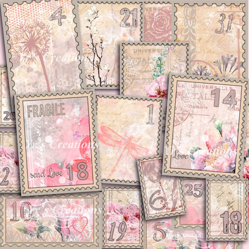 SHABBY Pink FAUX STAMPS Printable Digital Collage Sheet - Etsy