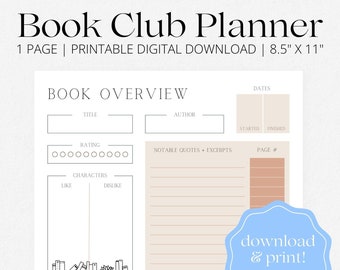 Printable Book Review Template, Book Club Questions, Book Club Planner ...