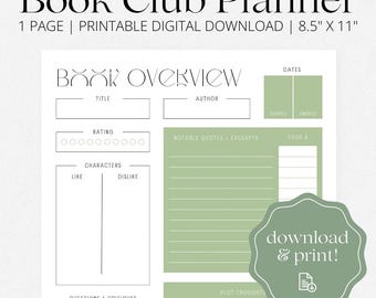 Printable Book Review Template, Book Club Questions, Book Club Planner ...