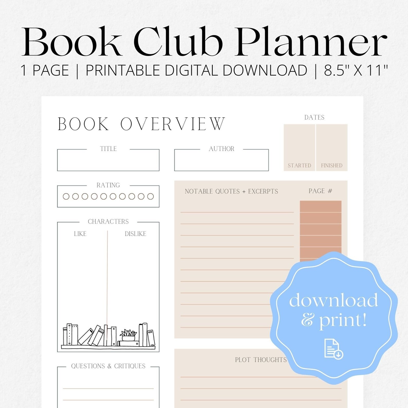 Printable Book Review Template, Book Club Questions, Book Club Planner ...