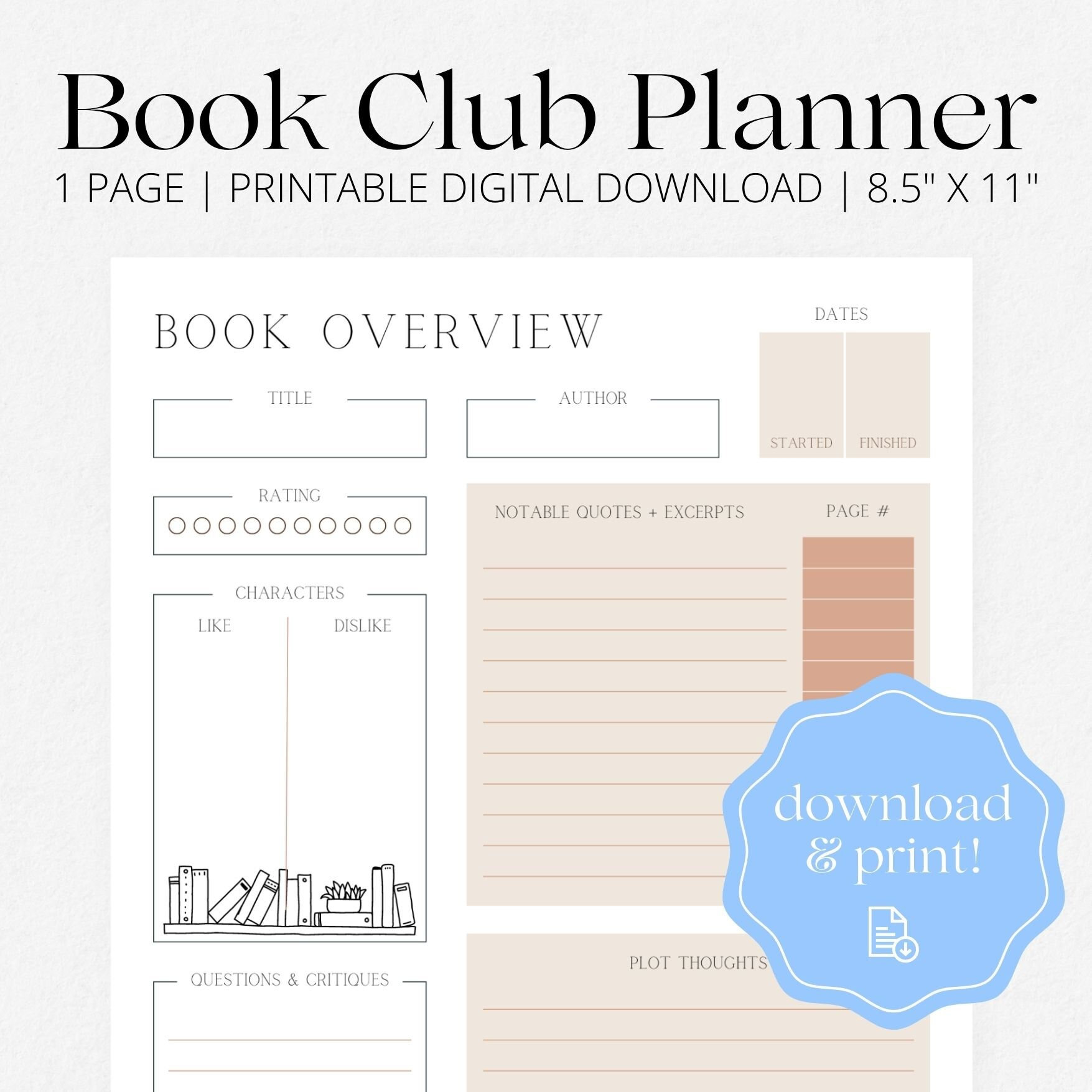 Printable Book Review Template, Book Club Questions, Book Club Planner ...