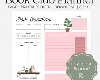 Printable Book Review Template, Book Club Questions, Book Club Planner ...