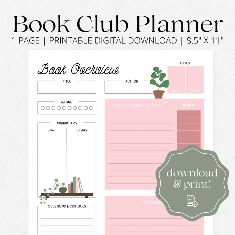 Printable Book Review Template, Book Club Questions, Book Club Planner ...