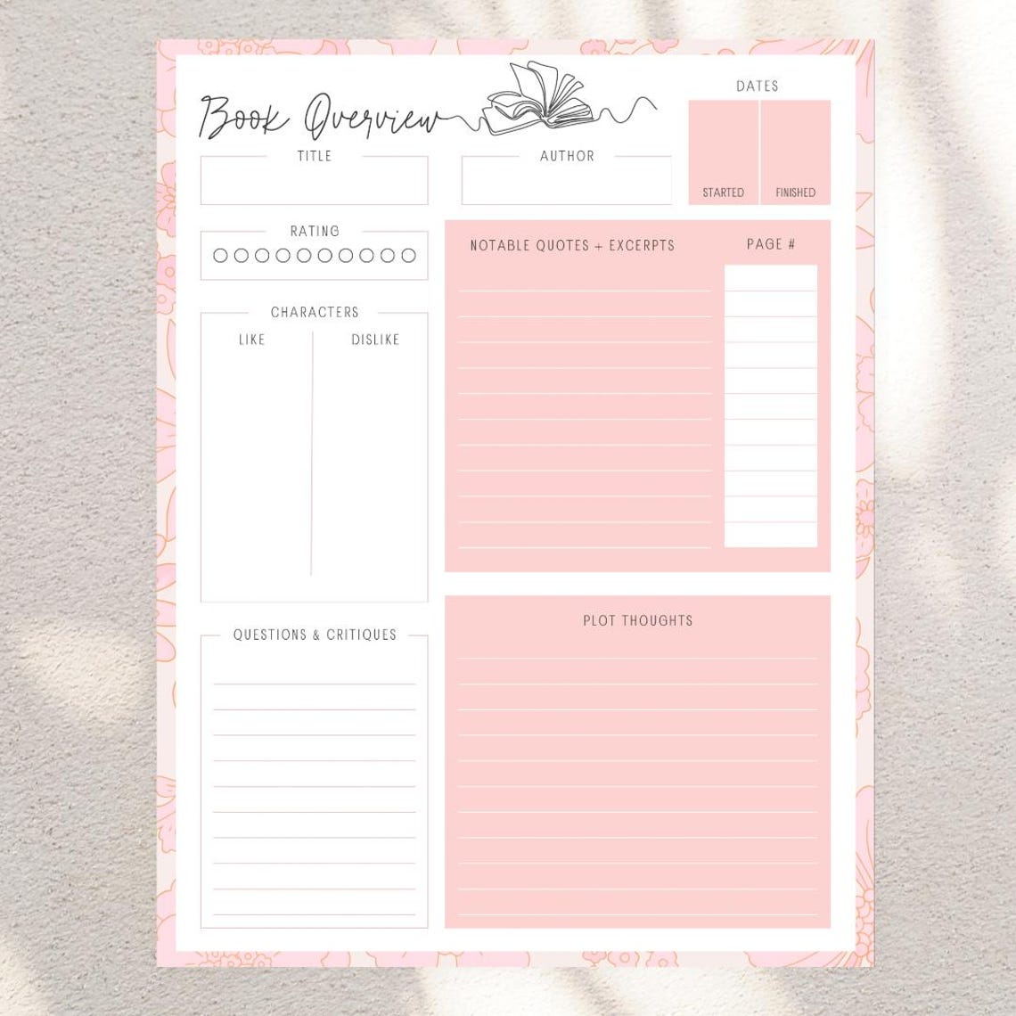 Girly Pink Floral Printable Book Review Template, Book Questions, Book ...