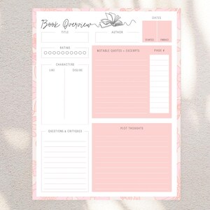 Girly Pink Floral Printable Book Review Template, Book Questions, Book ...