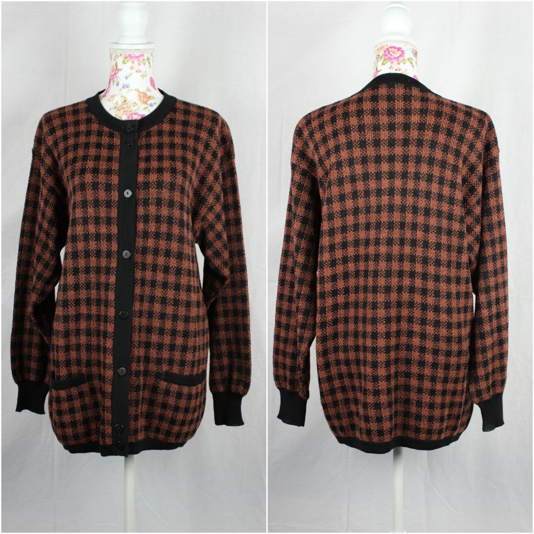 Vintage Brown Knitted Check Print Button up Womens Cardigan Longline ...