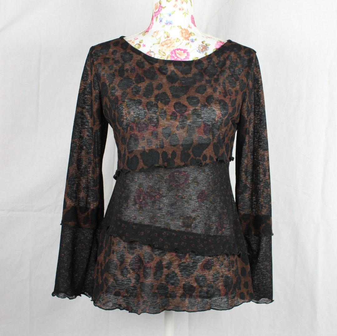 Ashley Brooke Vintage Brown Animal Print Sheer Womens Top Frilled Trims ...