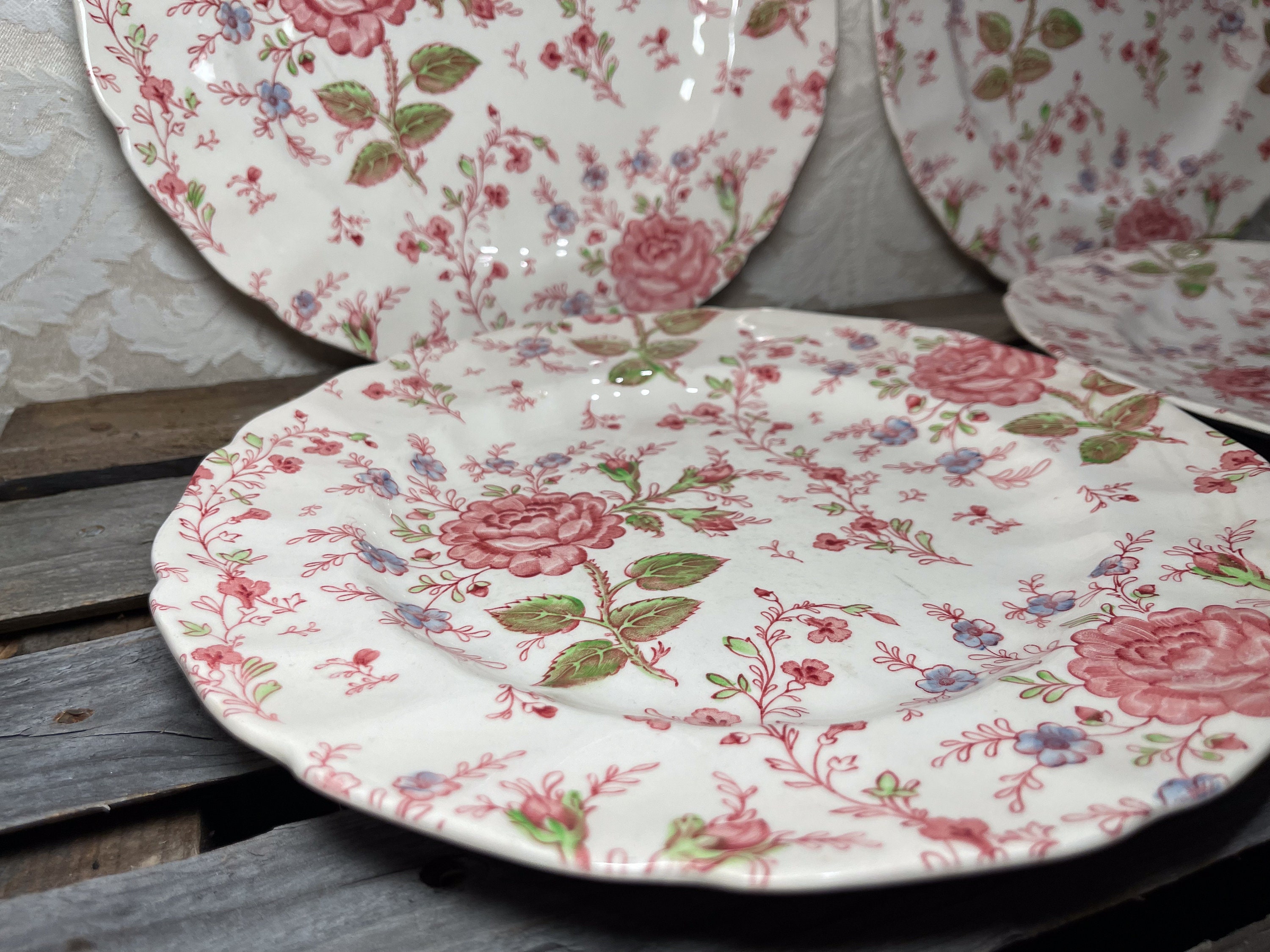 Rare Vintage Johnson Brothers Rose Set of 4 Chintz Dinner Plates With ...