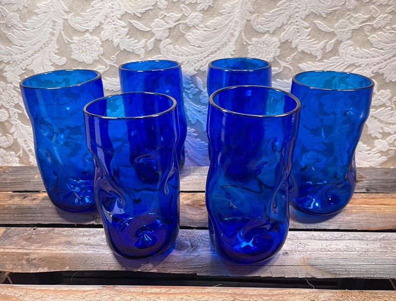 Set of 6 Mid-century Modern Cobalt Blue 6 Pinched Glasses by Blenko ...