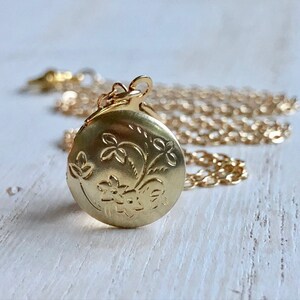 Petite Matt Gold Floral Locket With Photos Tiny Golden Locket Necklace ...
