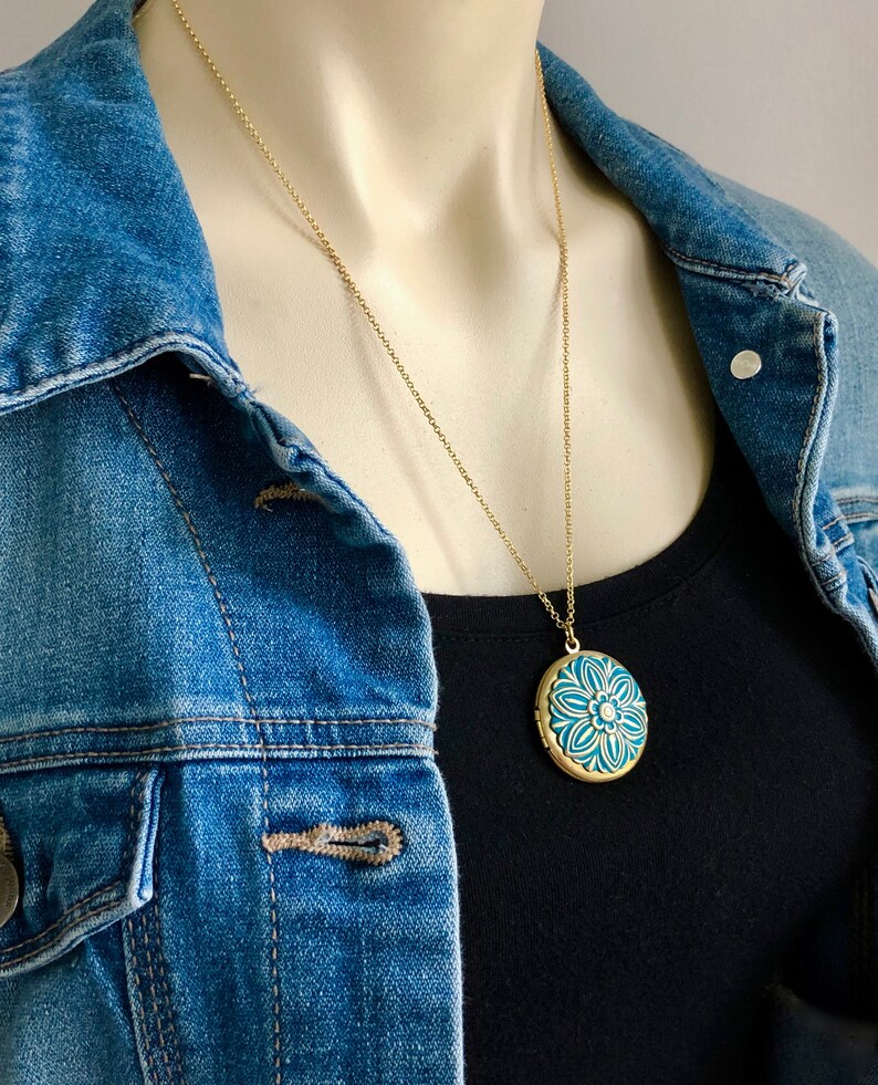 Hand Painted Blue Floral Locket With Photo Customization Mother's Day ...