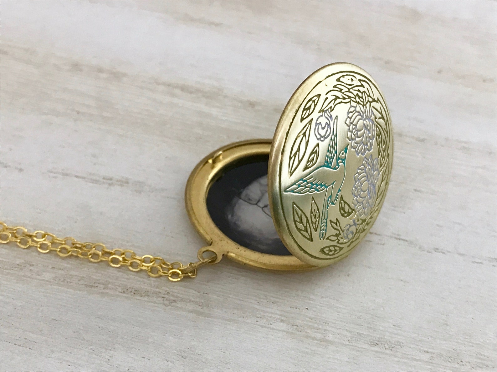 Large Photo Locket Necklace Bird Locket Hand Painted Locket | Etsy