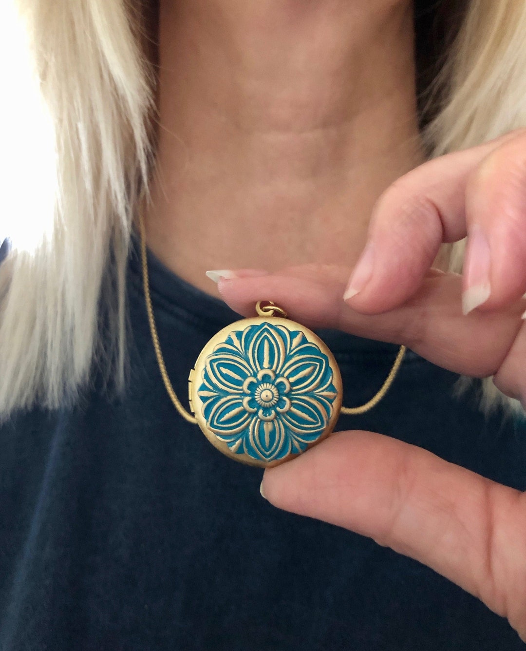 Hand Painted Blue Floral Locket With Photo Customization Mother's Day ...