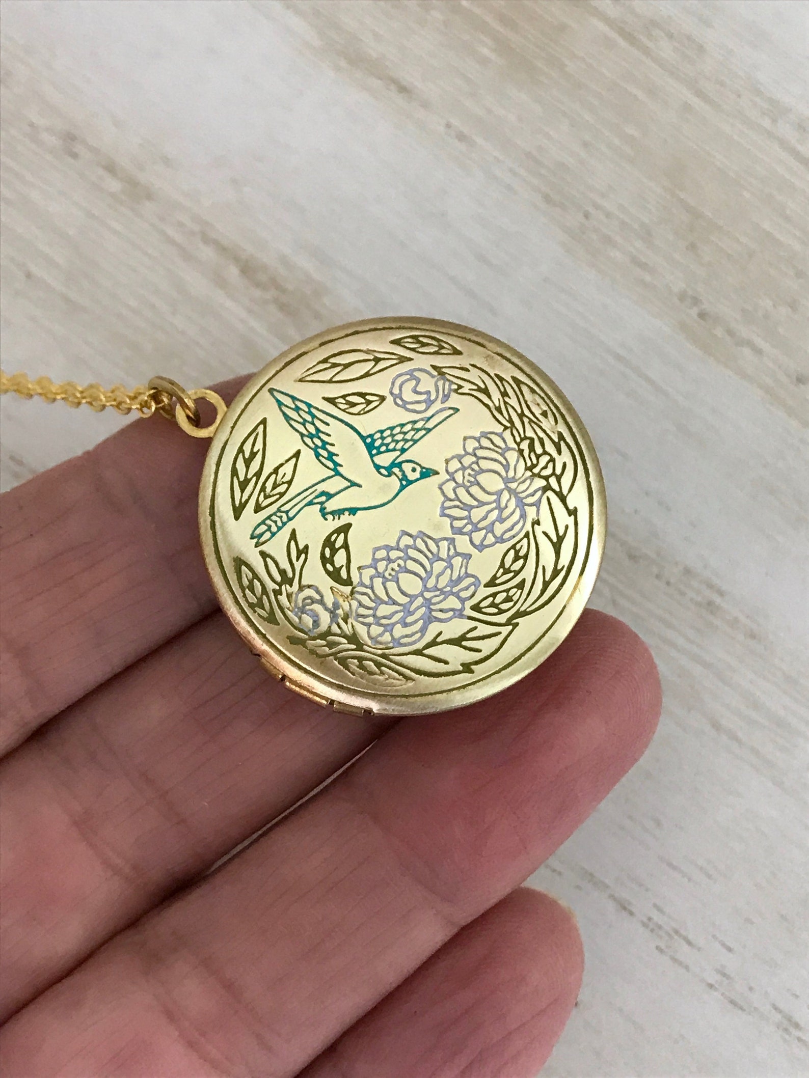 Large Photo Locket Necklace Bird Locket Hand Painted Locket | Etsy