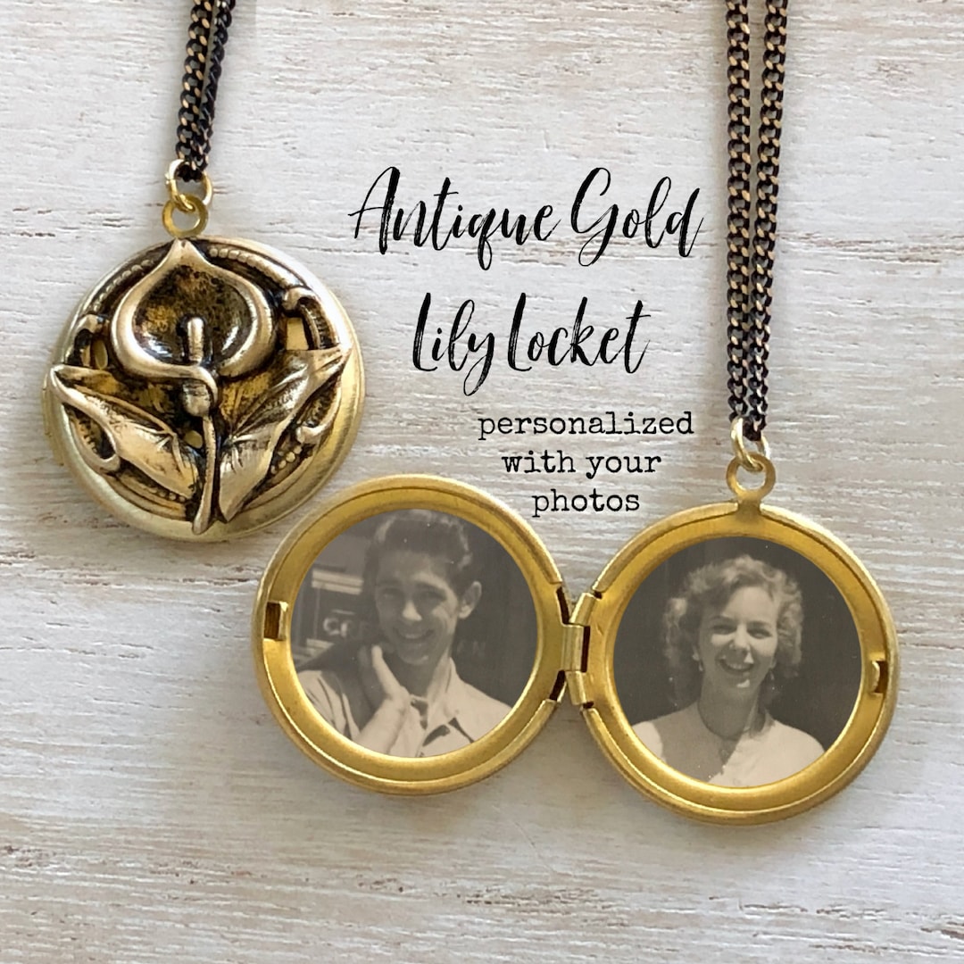 Antique Gold Lily Locket With Photos, Personalized Mother's Day Locket ...