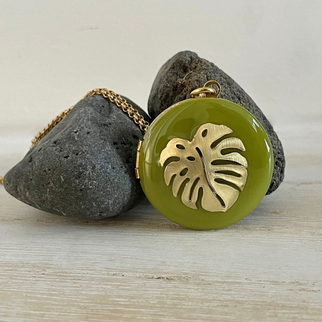 Olive Green and Gold Leaf Locket With Photos - Etsy