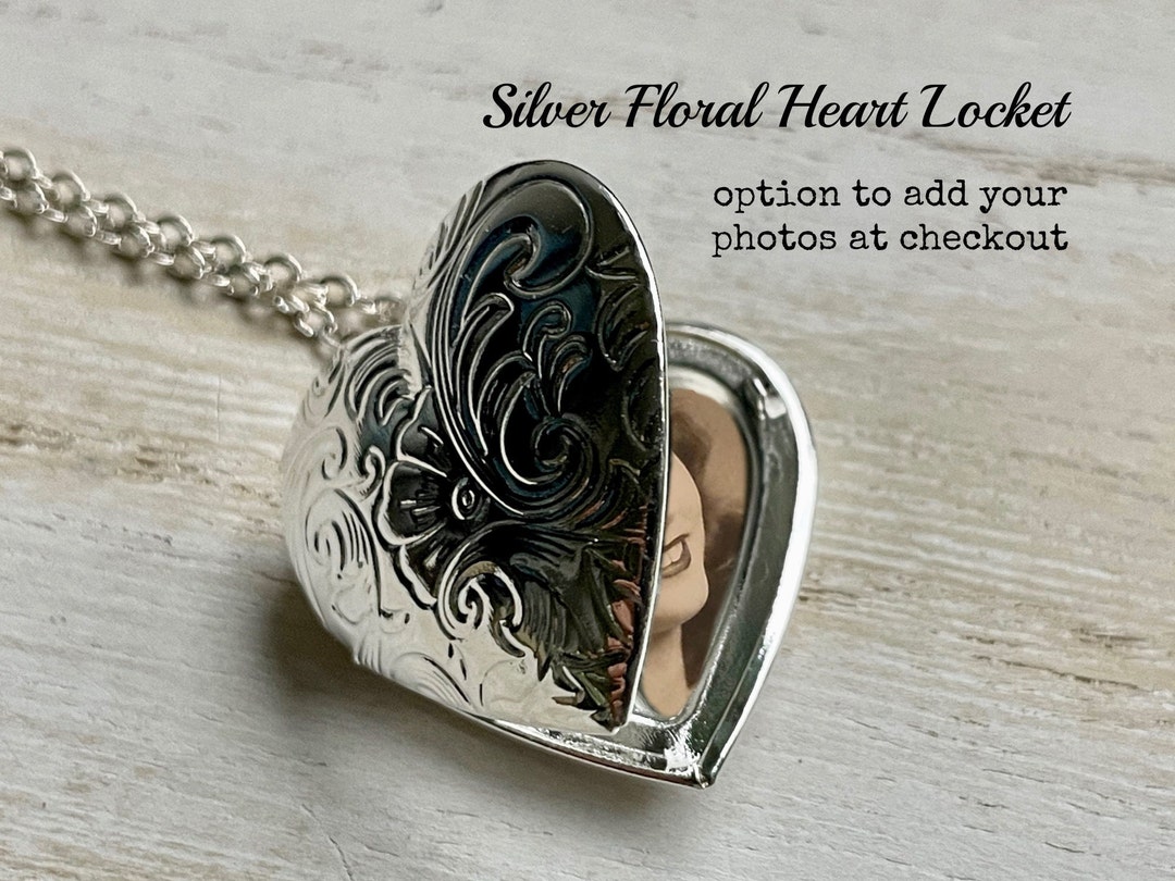 Silver Heart Locket With Photos Floral Heart Locket for Mother's Day or ...