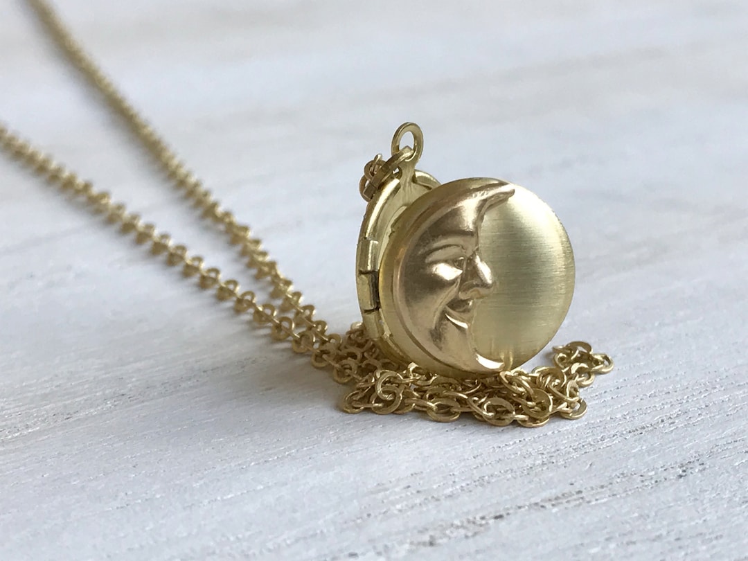 Tiny Moon Locket, Tiny Gold Locket Necklace, Man in the Moon Locket ...