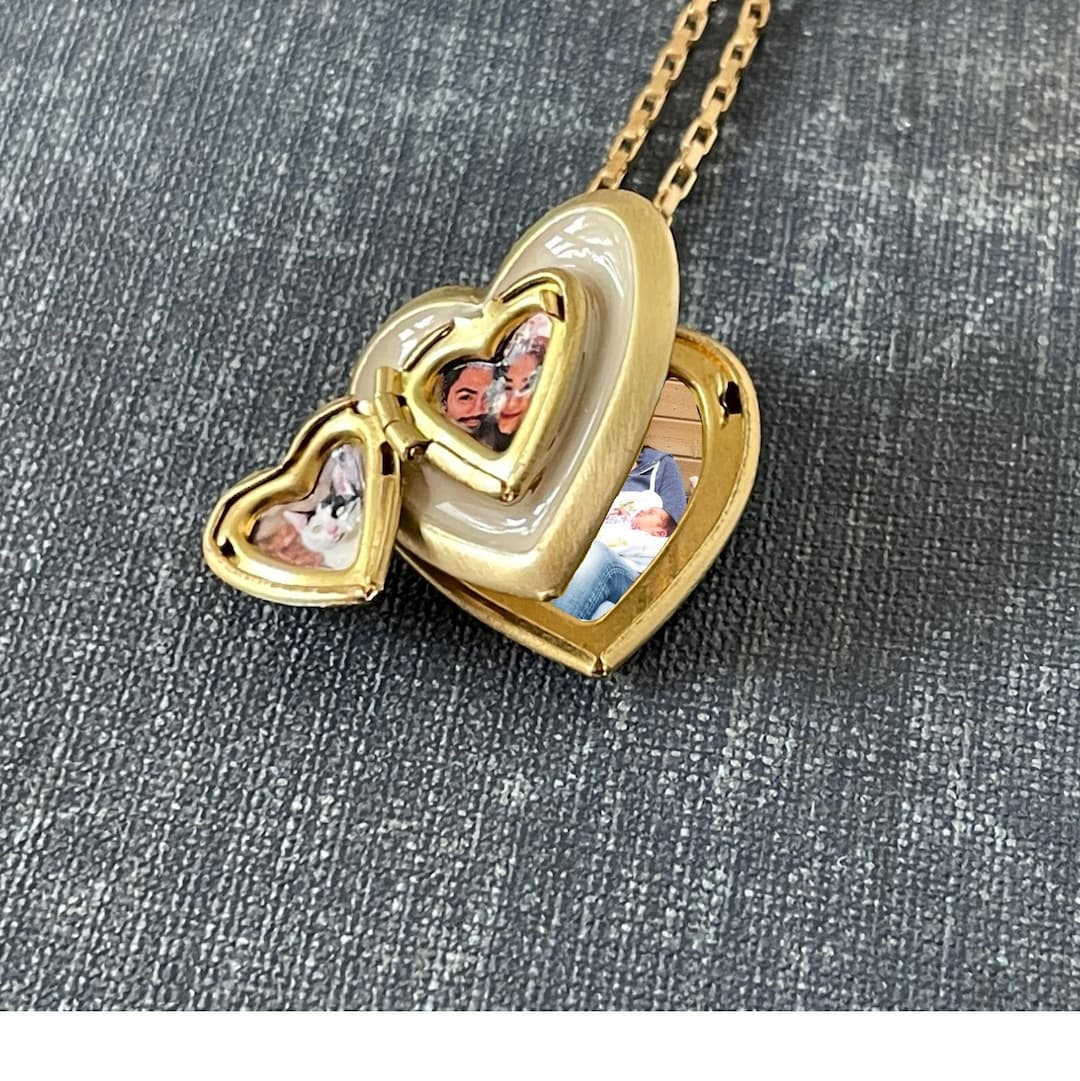 Personalized Heart Photo Locket: Ecru and Gold, Holds Four Photos - Etsy