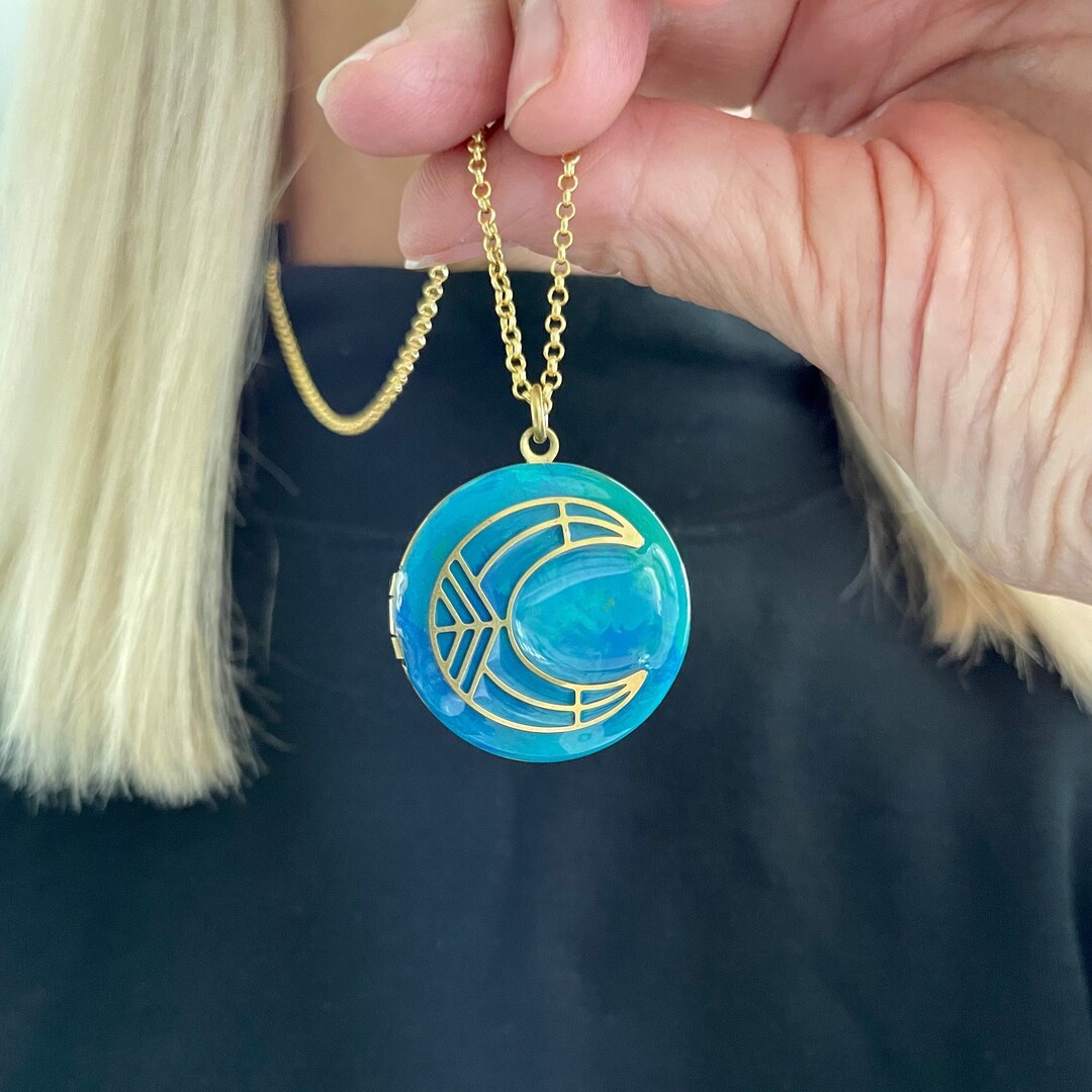 Large Blue Locket With Crescent Moon - Etsy