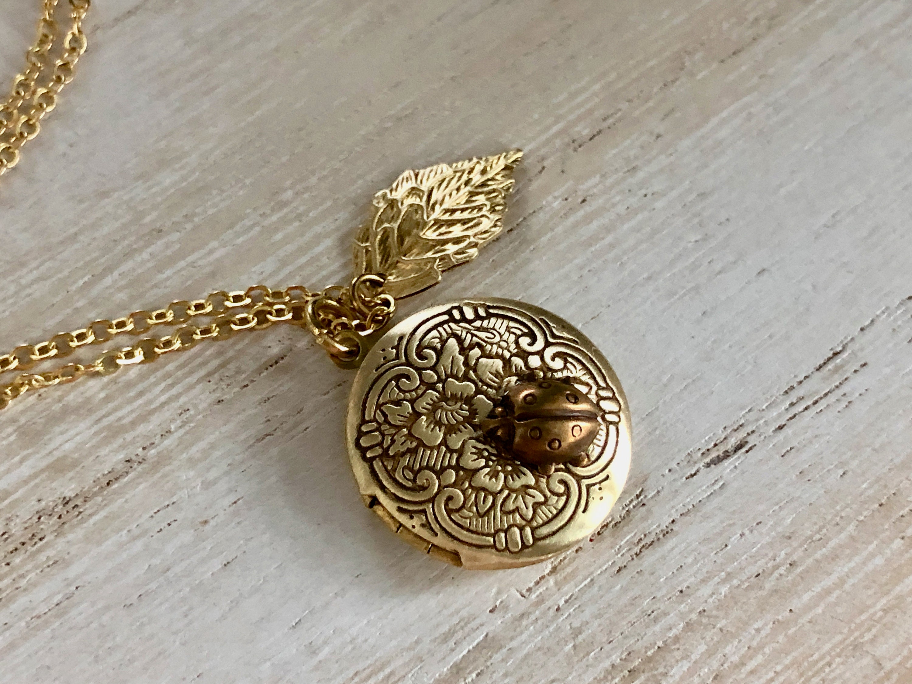 Hand Painted Ladybug Locket Necklace: Golden Floral Jewelry - Etsy