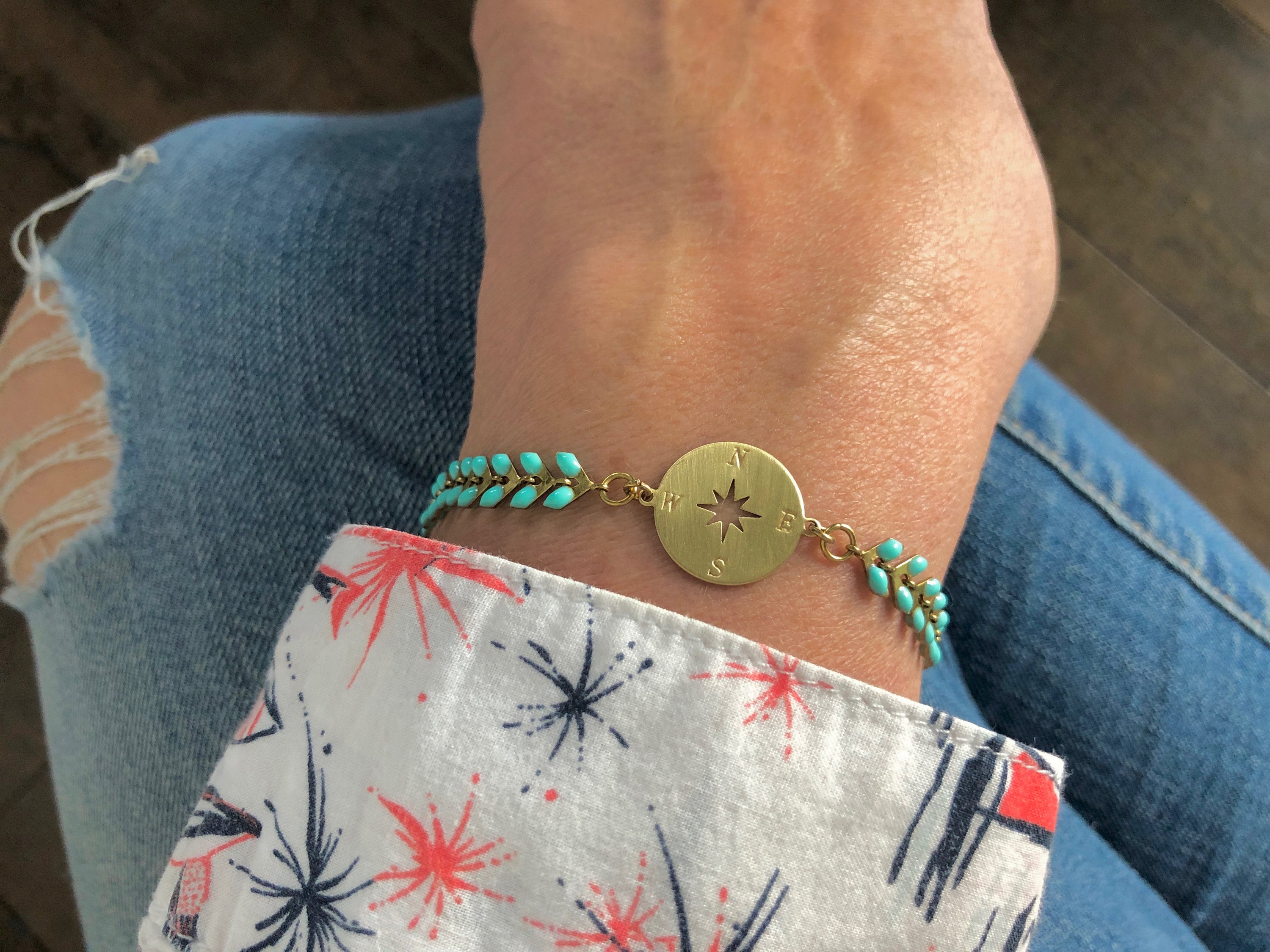 Compass Bracelet, Travel Gifts, Turquoise Boho Bracelet, Chevron ...