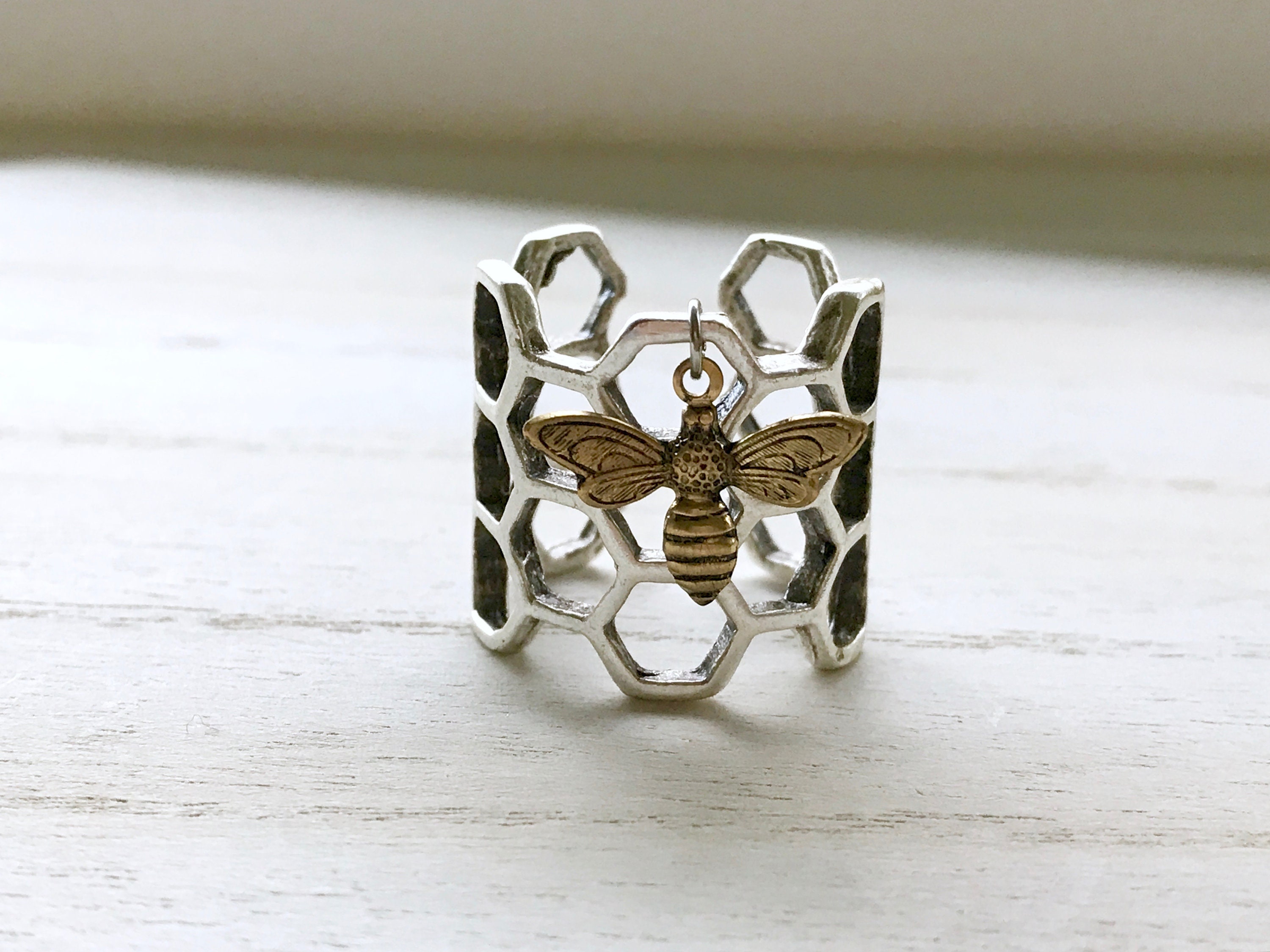 Silver Bee Ring, Honeycomb Ring, Silver Geometric Ring, Beehive, Bee ...