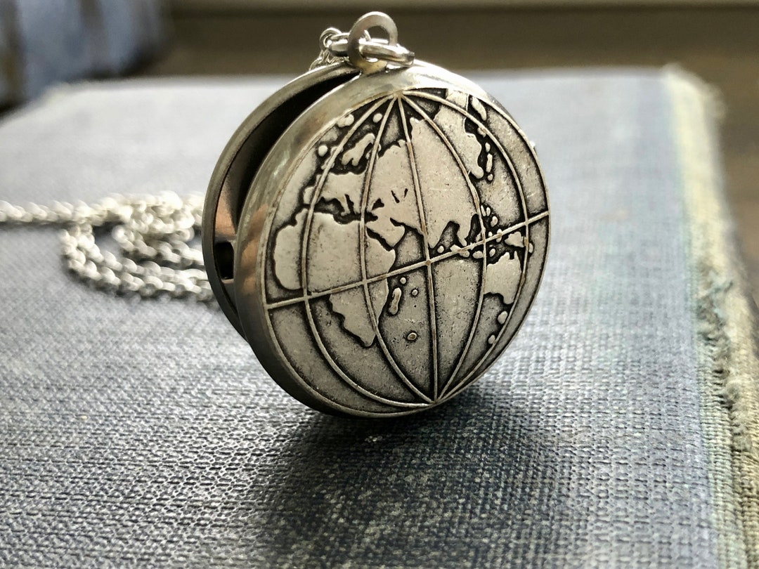 Antiqued Silver World Map Locket Necklace: Unisex Travel Jewelry Gift ...