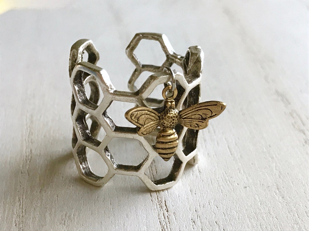 Silver Bee Ring, Honeycomb Ring, Silver Geometric Ring, Beehive, Bee ...