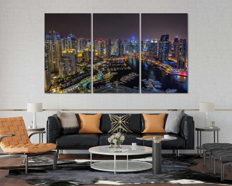 Dubai Marina Canvas Print, Night Skyline Wall Art for Modern Interiors ...