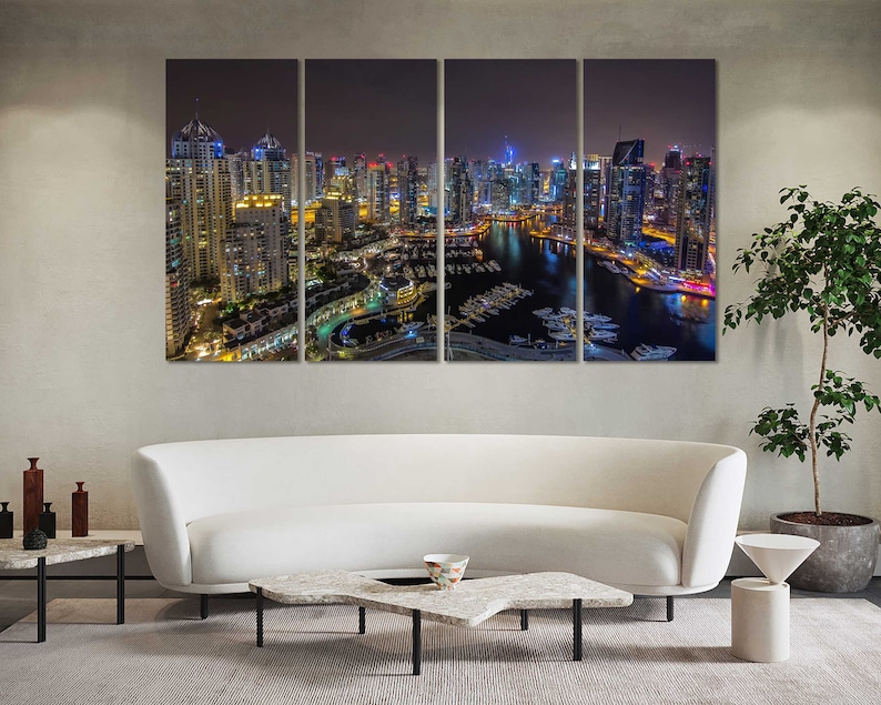 Dubai Marina Canvas Print, Night Skyline Wall Art for Modern Interiors ...